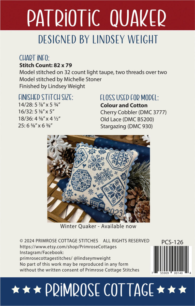 Patriotic Quaker Cross Stitch Pattern by Lindsey Weight of Primrose Co – Sewcial Stitch