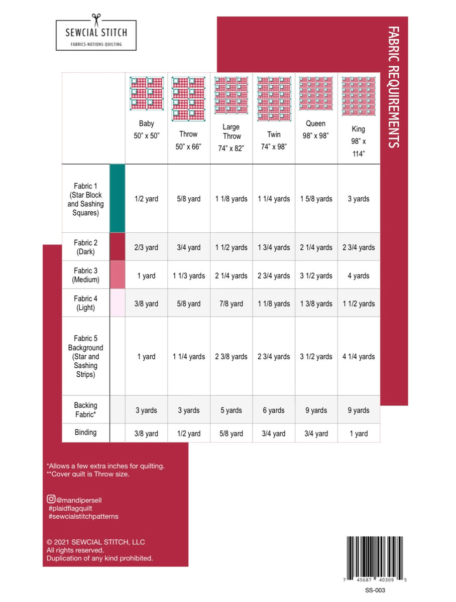 Plaid Flag Quilt Pattern by Mandi Persell of Sewcial Stitch-PDF PATTER